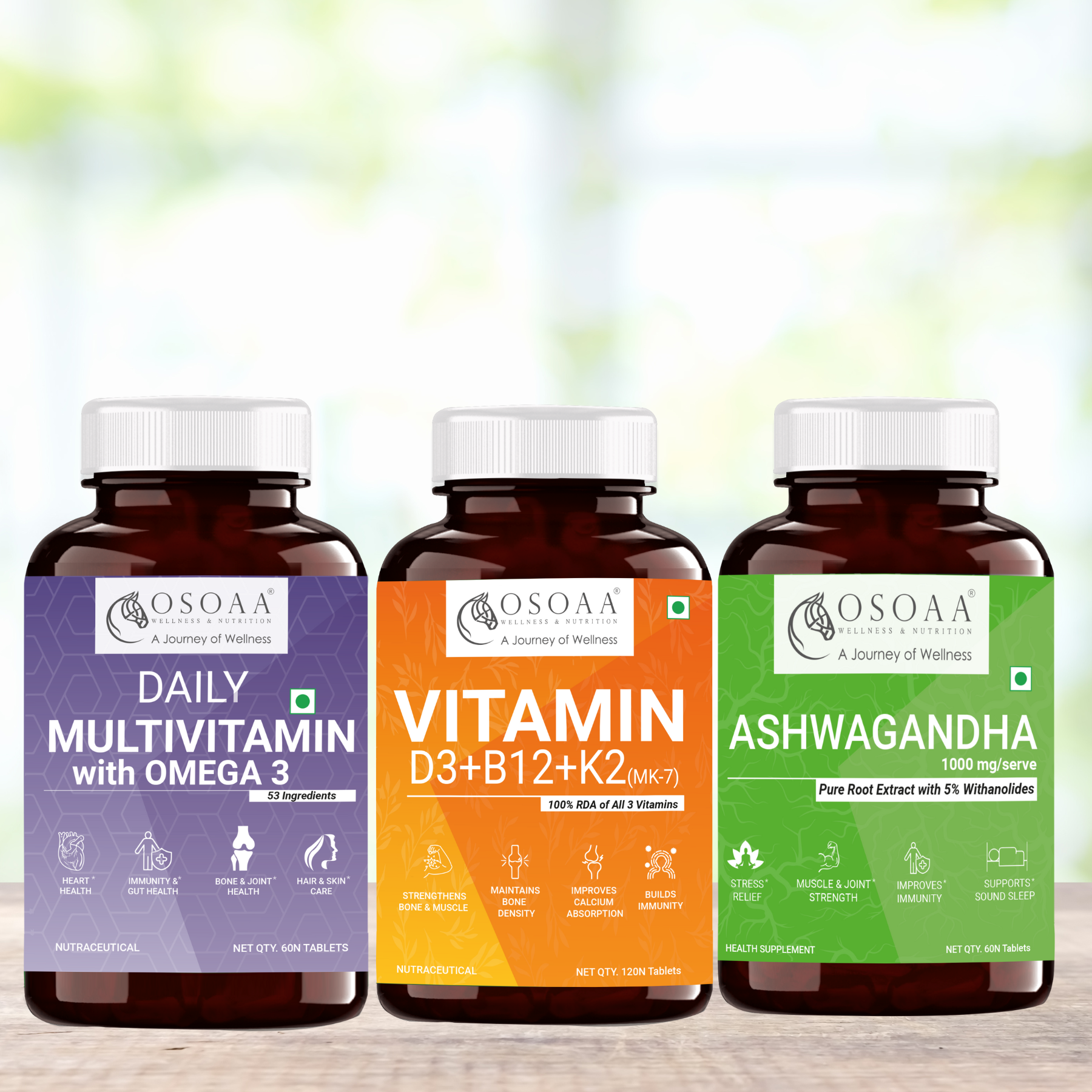 Osoaa Vitamin D3 K2 (MK7) B12 & Ashwagandha & Daily Multivitamin Combo ...