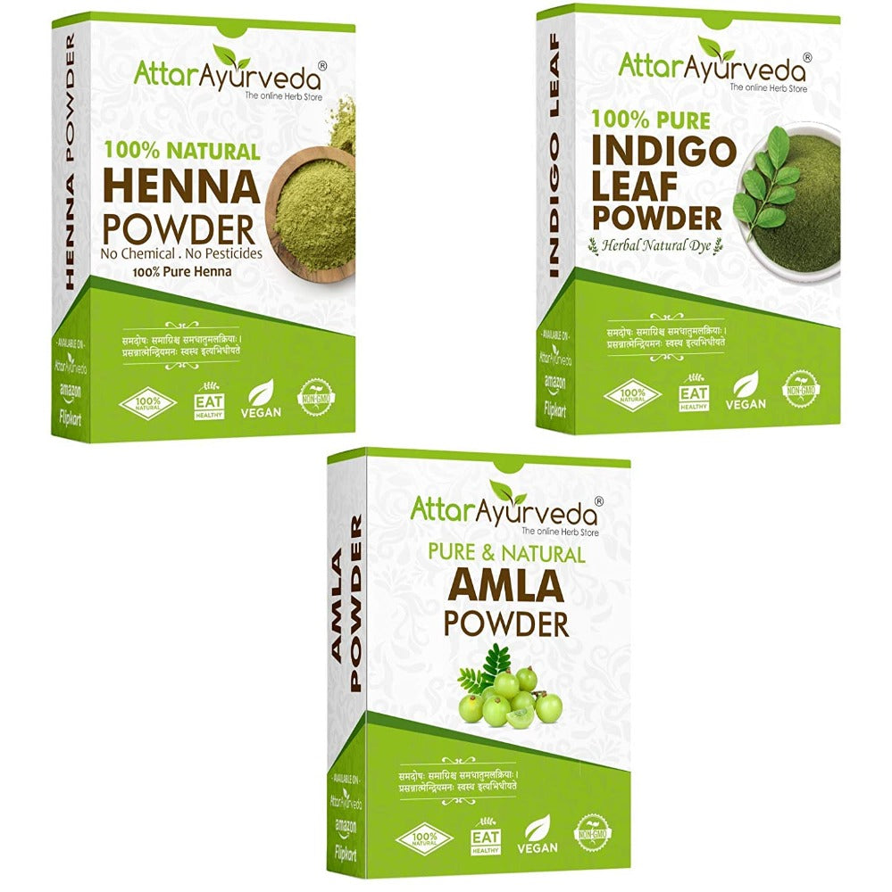 Attar Ayurveda Henna Leaves Powder, Indigo Leaves Powder and Amla Powd ...